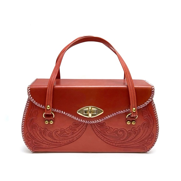 Vintage | Bags | Vintage Red Floral Tooled Leather Whipstitched Western ...